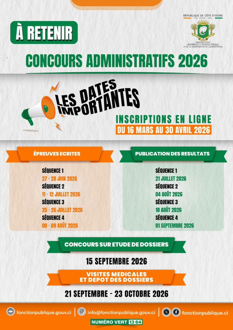 Calendrier des concours fonction publique 2026 Côte d’Ivoire