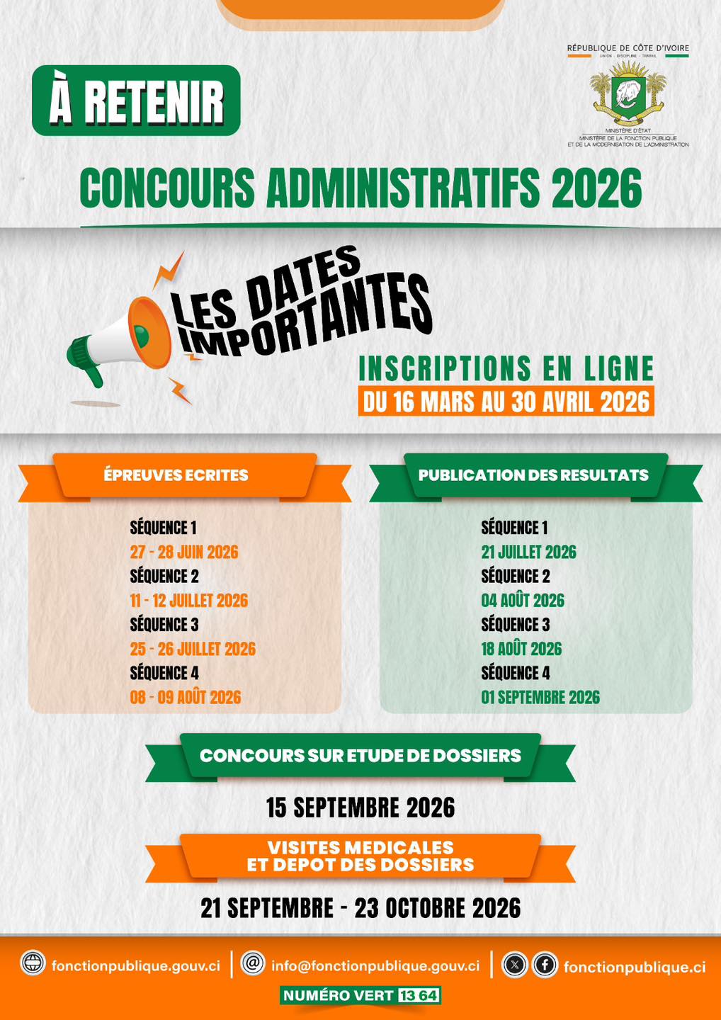 Calendrier des concours fonction publique 2026 Côte d’Ivoire