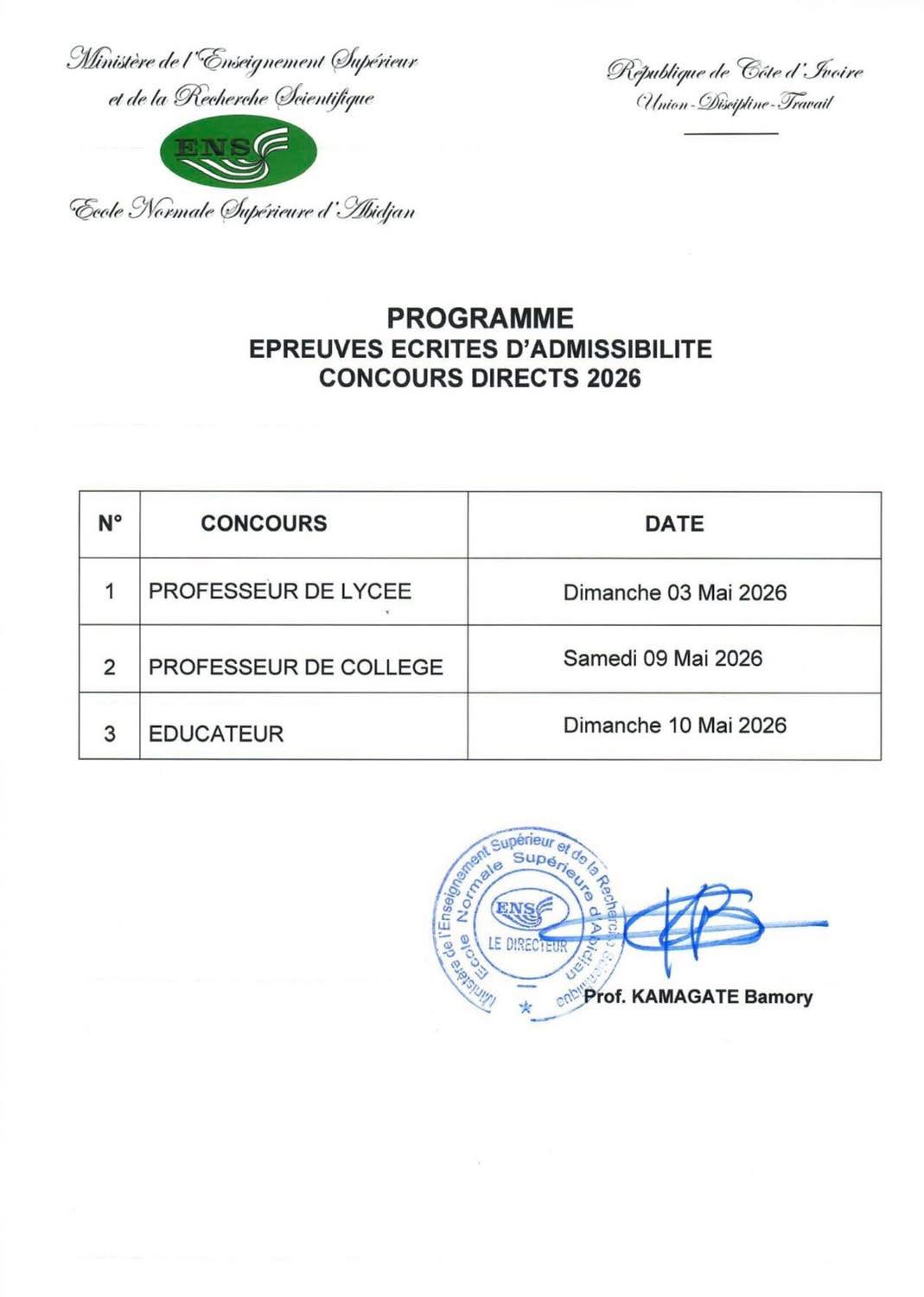 Dates de compositions concours ENS 2026 Côte d’Ivoire